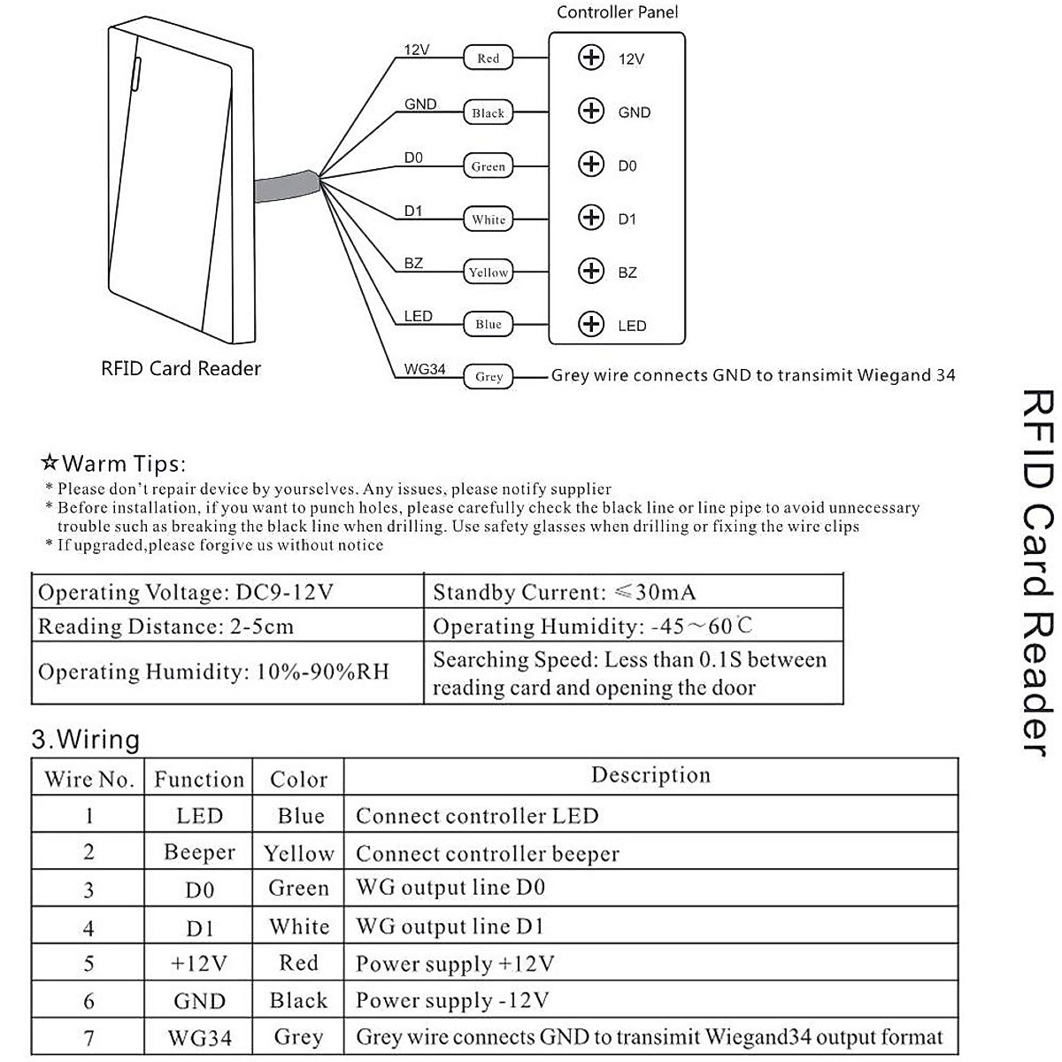 No Relay Access Control Reader Proximity Card Reader Wiegand 26/34 Bit Output Door Access Reader Waterproof IP68 Access Control 125KHZ Card Reader with 10 Color Key