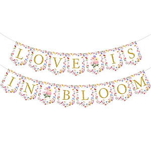 Cheereveal Love is in Bloom Banner - Flower Theme Bridal Shower Bunting Garland, Pink Pre-Assembled Party Signs, Engagement Wedding Party Supplies and Decorations