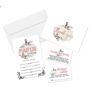 Yuansail Baby Shower Invitation Set, Fill In Invites Cards, Books for Baby, Diaper Raffle, Thank You, Pumpkin, Each Design 25 Cards & Envelopes (Total 100 Cards) – (bb004-taozhuang)