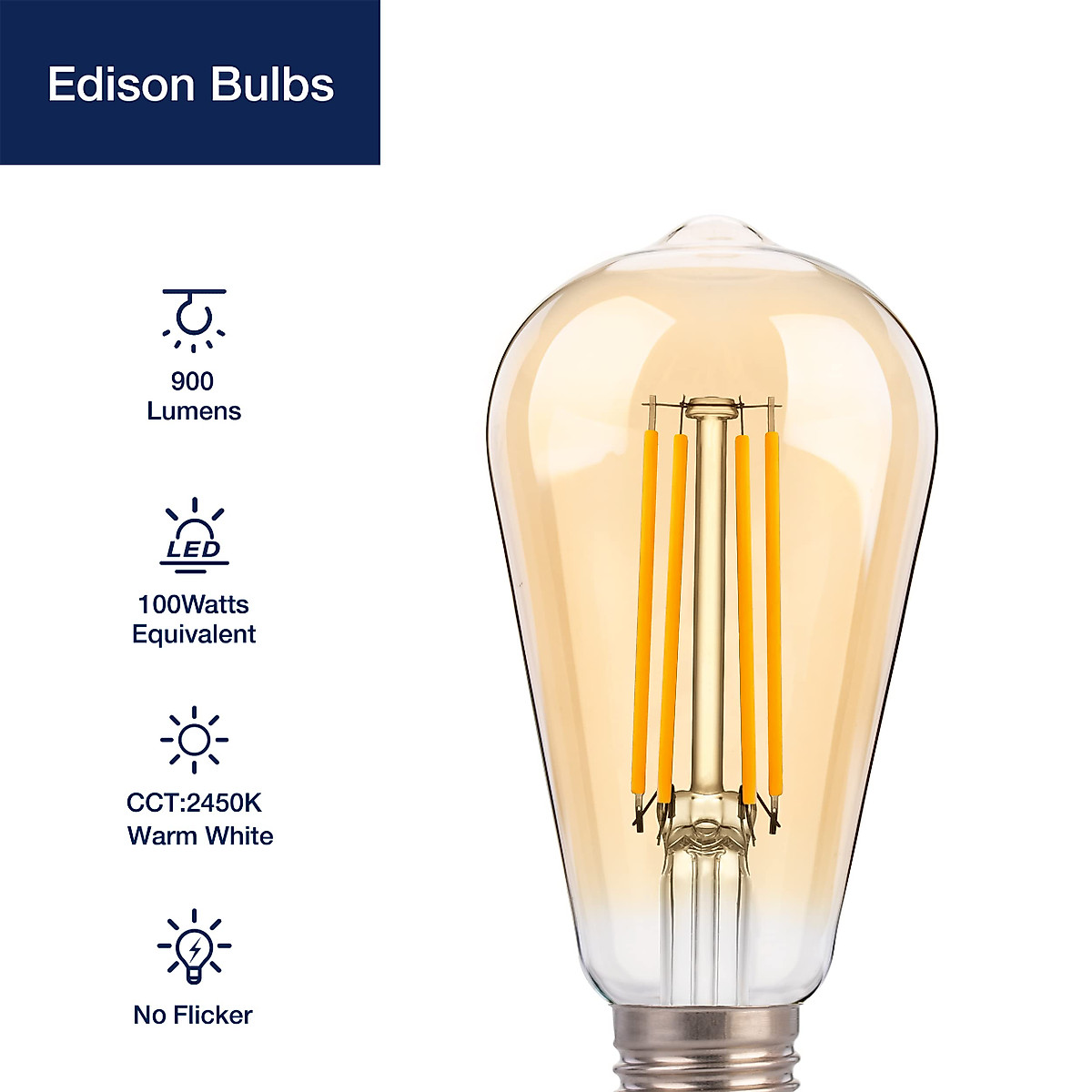 FLSNT LED Edison Bulbs 100W Equivalent, ST19 Dimmable Vintage LED Light Bulbs, 2450K Warm White, 8W, 900LM, E26 Base, Amber Glass, 6 Pack