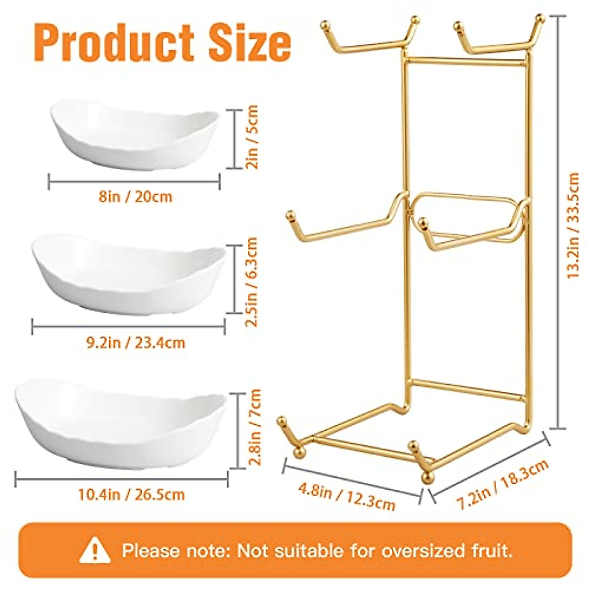 HOMKULA Fruit Bowl for Kitchen Counter - 3 Tier Ceramic Serving Bowls with Metal Stand, Tiered Fruit Basket for Fruit Vegetable Storage, Snack, Nuts, Cake, Dessert (Gold)