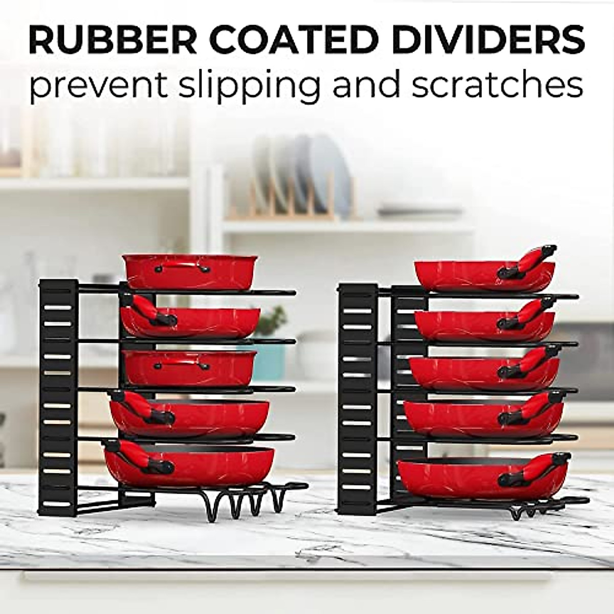 STORLUX Pots and Pans Organizer : Rack for under Cabinet, Expandable Pot Lid Kitchen Cabinet Organizer Holder with 10 Adjustable Compartment, for Cutting Board, Cast-iron Pan, Heavy Cookware