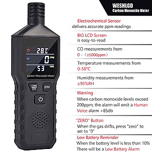 WESHLGD Handheld Carbon Monoxide Meter, Portable Battery Powered Carbon Monoxide Detector, CO Gas Tester with LCD Color Display, 3-in-1 CO Notification Detector(CO, Temperature and Humidity Display)