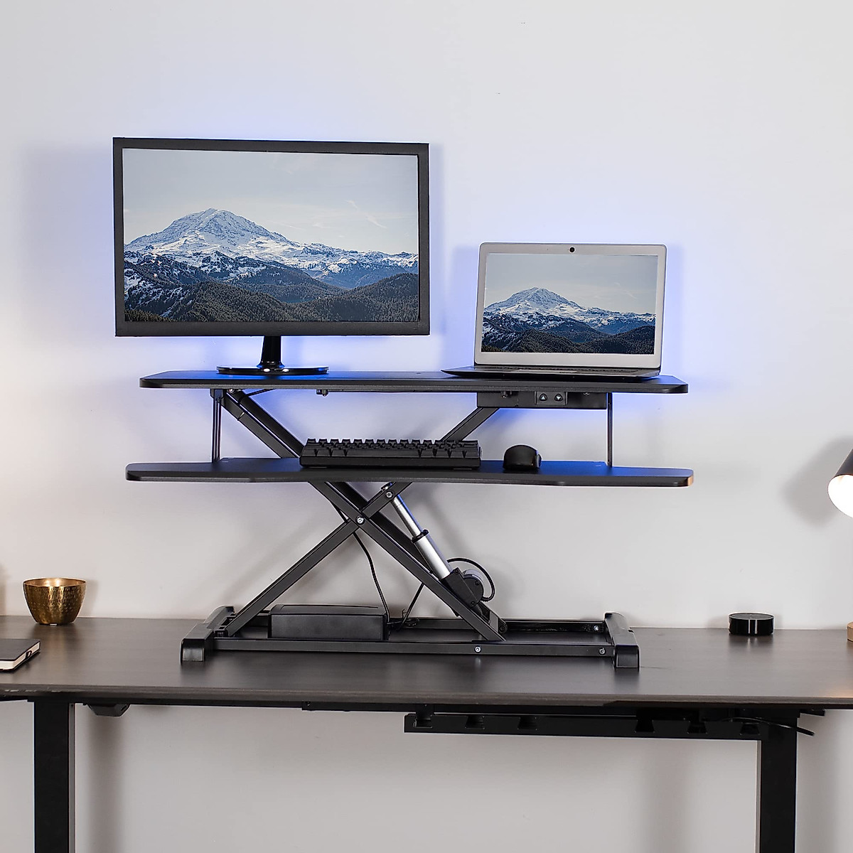 VIVO 36 inch Electric Motor Desk Converter, Height Adjustable Riser, Sit to Stand Dual Monitor and Laptop Workstation with Wide Keyboard Tray, Black, DESK-VE36K