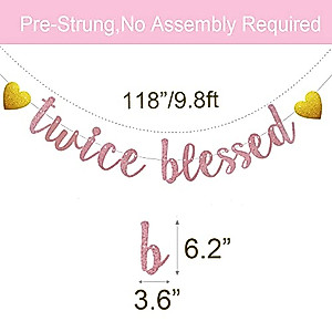Twice Blessed Banner, Pre-Strung, No Assembly Required, Rose Gold Glitter Paper Party Decorations for Pregnancy Announcement/Gender Reveal/Twins Baby Shower Party Supplies, Letters Rose Gold,ABCpartyland