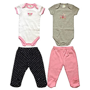 Spasilk Newborn Baby Layette Set, Short Sleeve Bodysuits and Pull-On Footed Pants, 4 Piece, 0-3 Months - Pink & Grey Layette Set