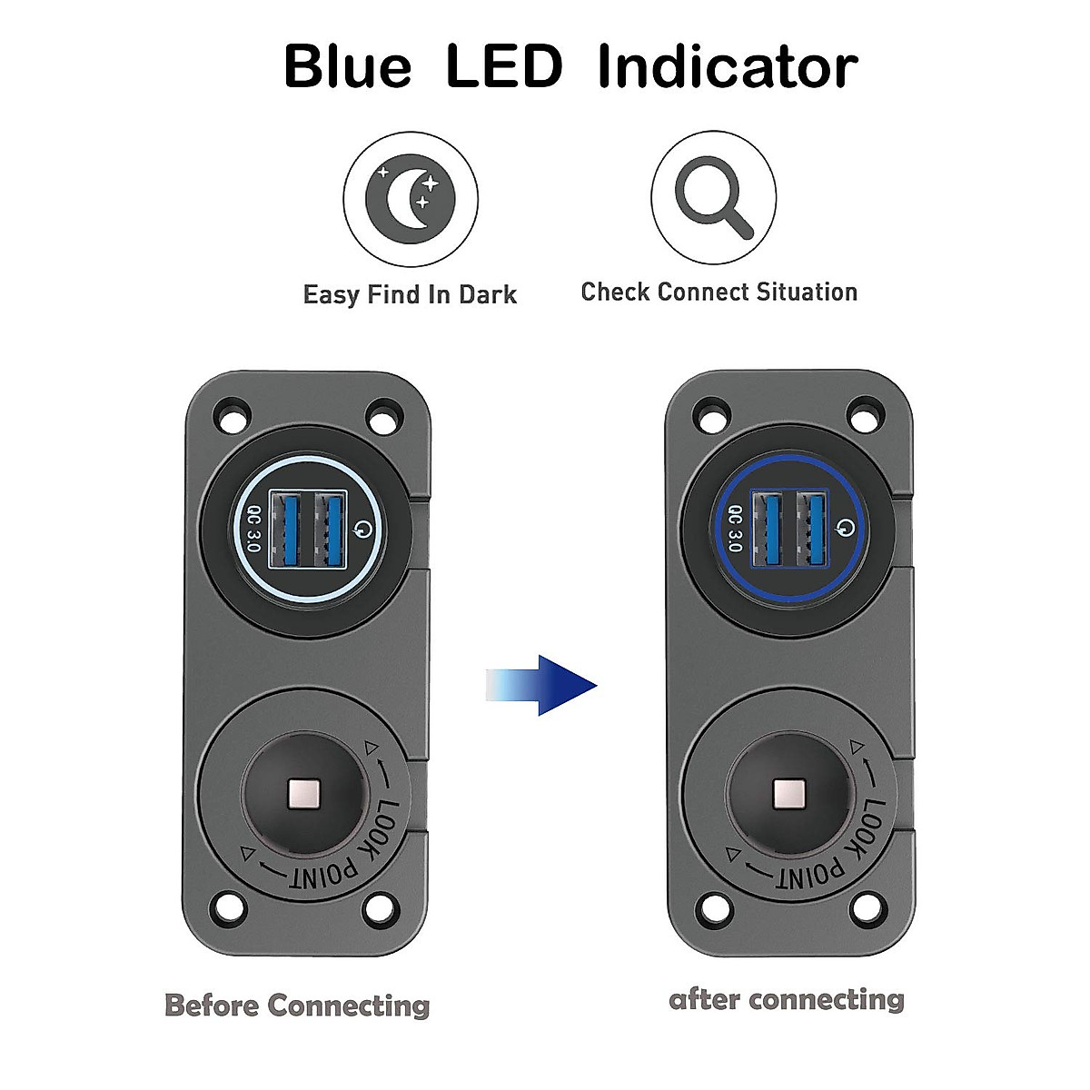 QC 3.0 USB Outlet 12V Boat Marine Waterproof Cigarette Lighter Socket Splitter 12 Volt DC Power Charger Adapter DIY Kit with Blue LED Dual USB Ports for Rocker Switch Panel on Car RV Golf Cart ATV