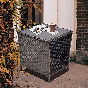 Koruiten Patio Wicker Storage Side Table,Outdoor PE Rattan Woven Coffee End Table with Tempered Glass Top for Indoor Outdoor Porch Lawn Poolside Garden Backyard Balcony(Dark Blonde)