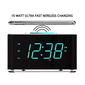 Emerson ER100401 Smartset 15Watt Ultra Fast Wireless Charging Dual Alarm Clock Radio with Bluetooth Speaker, USB Charger, Cyan LED Night Light and 1.4" Display