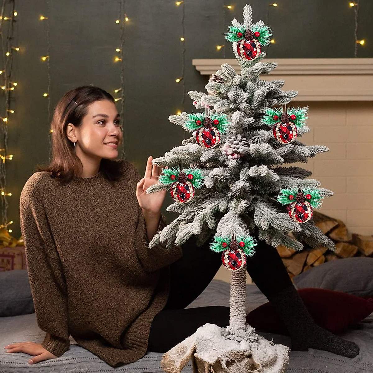 Shatterproof Christmas Ball Ornaments with Pinecones & Greenery 6pcs Buffalo Plaid Ball Ornaments Aousthop Black Red Burlap Foam Ball Hanging Decorations for Xmas Tree Ne Miniature (Red, One Size)