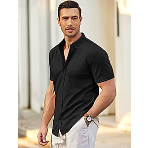 COOFANDY Casual Dress for Men Short Sleeve Button Up Summer Beach Shirts Wrinkle Free Black