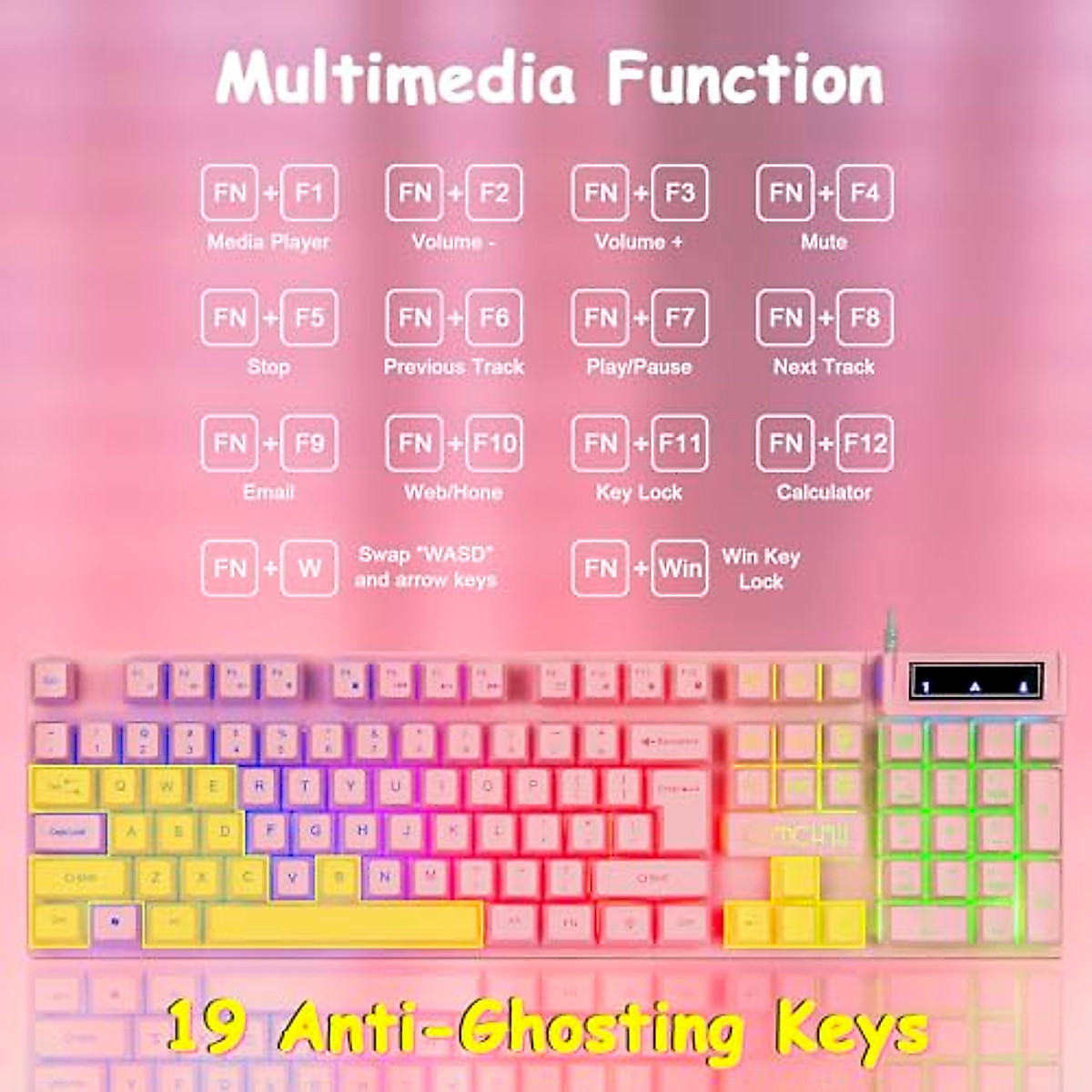 CHONCHOW Pink Keyboard and Mouse Combo with Backlit, Function Keys, 19 Keys Anti-ghosting for Gamer on PC Laptop Computer Mac PS4 Xbox, Cute Wired Light Up Gaming Keyboard & RGB Mouse for Girl Women