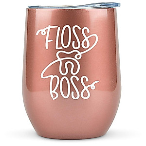KLUBI Dental Assistant Gifts- Floss Boss 12oz Wine Tumbler or Coffee Mug - Funny Idea for Dentists, Women, Dental Hygiene, Glass, Men, Hygienist