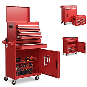 Goplus Rolling Tool Chest, 5-Drawer Tool Box Organizer w/Lockable Wheels & Sliding Drawers & Detachable Top & Adjustable Shelf, Tool Storage Cabinet for Garage Workshop (Red)