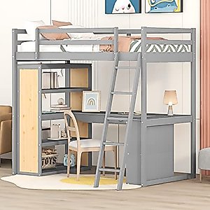 Harper & Bright Designs Loft Bed with Desk and Drawer, Wood Twin Desk,Shelves Cabinet Underneath, High Storage for Kids, Boys,Girls,Teens (Grey), Twin(Desk+Shelves+Ladder)