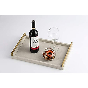 WV Ivory Faux Shagreen Decorative Tray PU Leather with Brushed Gold Stainless Steel Handle for Coffee Table, Ottoman, Console Table （Ivory