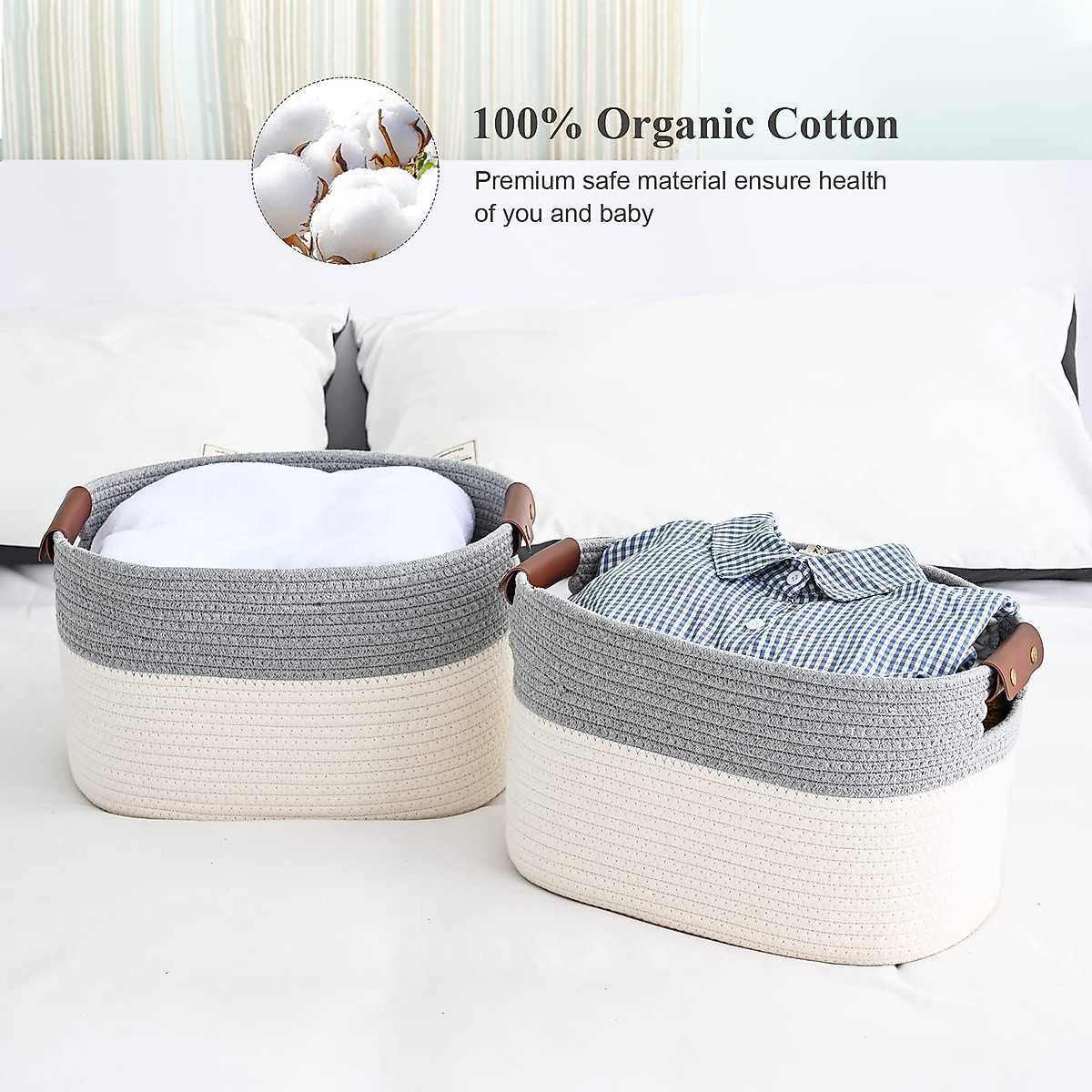 ECDYQXVU 1 Pack Cotton Rope Storage Baskets,15x10x9 in,Collapsible Storage Bins, Decorative Woven Basket Cube Storage Organizer for Nursery, Laundry, Towel, Clothes,Cosmetics, Books(White/Grey)
