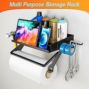 Lorbro Garage Paper Towel Holder, Paper Towel Holder Wall Mount with Shelf One Hand Tear, Garage Organization and Storage with 4 Detachable Hooks, Holds 50 lbs, for Quick Clean Station, Workshop