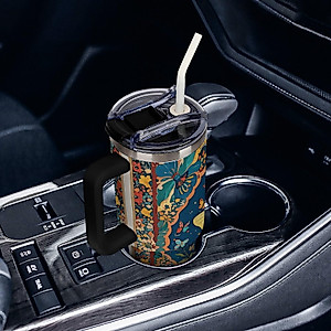 FZQVSGW Butterfly Flower Tapestry 40 Oz Tumbler with Handle And Straw Stainless Steel Vacuum Insulated Tumblers Reusable Keep Drinks Cold Coffee Cup Holder Friendly Gifts for Women Men Car Gym Travel
