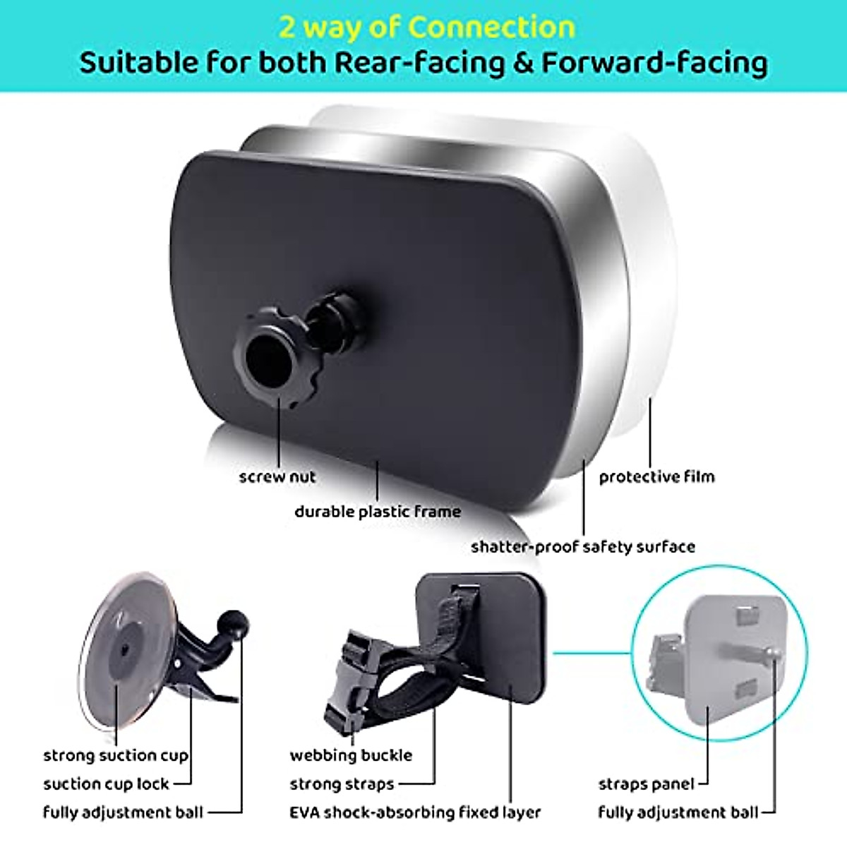 KINSEI Baby Car Mirror - Rear View Baby Car Back Seat Mirror - Child Observation Mirror Wide Convex and Shatterproof - 2 way of Connection Suitable for both Rear-facing and Forward-facing