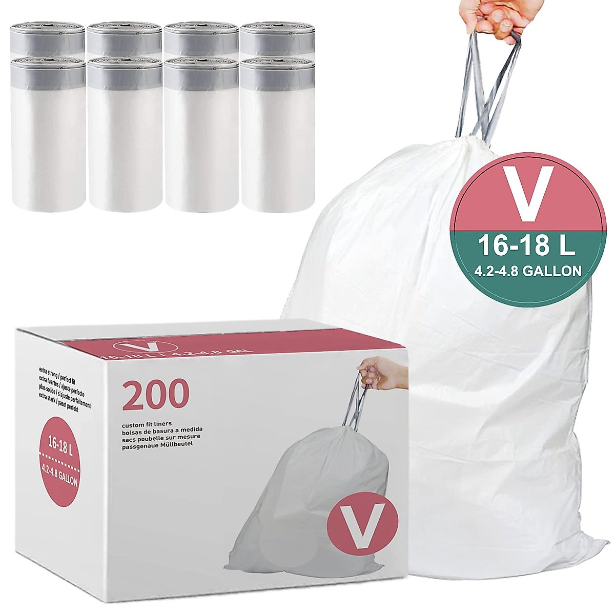 Code V 200 Count Heavy Duty Drawstring Trash Bags THICK White Garbage Can Liners 4.2-4.8 Gallon / 16-18 Liter Heavy Duty White Drawstring Garbage Liners