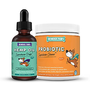 WONDER PAWS Organic Hemp Oil Plus Probiotic Superhero Chews - for Dogs Gut Health, Digestion, Immune Support, Joint Health & Calmness - Hemp Oil 60 ml - Probiotic 90 Chews
