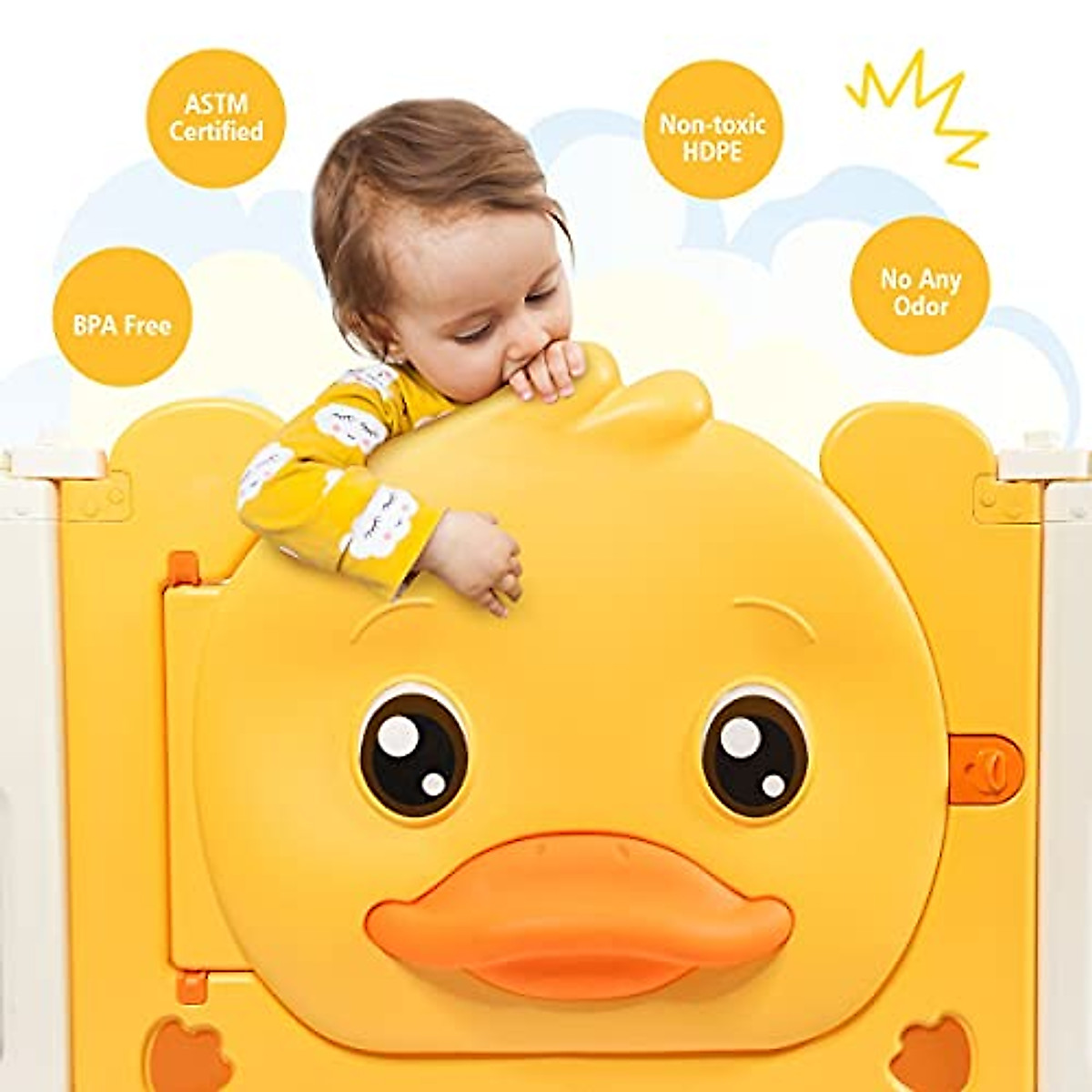 HONEY JOY Baby Play Yard, 16 Panel Psyduck Foldable Baby Gate Playpen, Anti-Slip Rubber Base & Suction, Indoor Safety Baby Fence for The House, Extra Large Anti-Fall Play Pen for Toddler