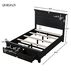 Queen Size Platform Bed, Wood Platform Beds with Two Storage Drawers & Headboard Rustic Farmhouse Style Wood Bed Frame Queen for Bed Room, No Box Spring Needed (Black)