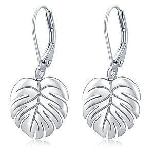Monstera Earrings 925 Sterling Silver Leverback Earrings Palm Leaves Tropical Earrings Plant Dangle Drop Earring for Women Fashion Jewelry