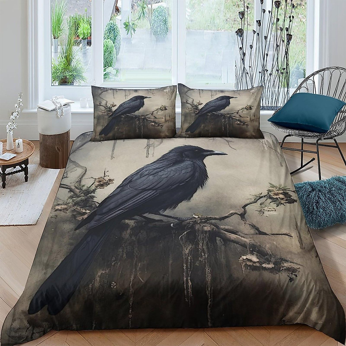 BUKISA 3D Printed Raven Comforter Cover Set for Kids Child Girls Boys Bedroom Textile Suit Skin-Friendly Crows Bedding Set Breathable Twin（173x218cm） Duvet Quilt with Pillowcases