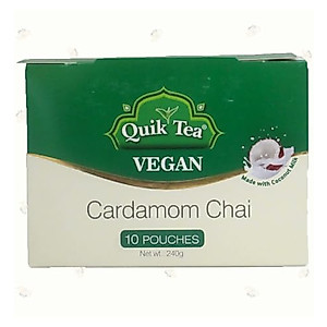 QuikTea Vegan Cardamom Instant Chai Tea Latte - 10 Count Single Box - Convenient, Easy Ayurvedic Dairy Free Alternative - All Natural Non GMO Superfood