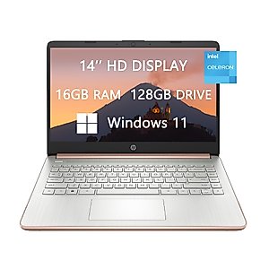 HP 14 HD Laptop, 2023 Newest Upgrade, Intel Celeron N4120(Quad-core), 16GB RAM, 128GB(64GB SSD+64GB Card), HDMI, USB-C, Lightweight, Windows 11, School and Business Ready, Rose Gold, ROKC HDMI Cable