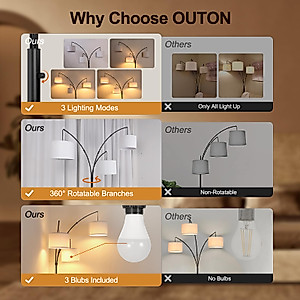 OUTON Arc Led Floor Lamp, Modern Black 3 Light Arched Tall Floor Lamp for Bedroom, 2400lm Mid Century Adjustable Standing Corner Lamps with Hanging Shade for Office Living Room, 3 Led Bulbs Included