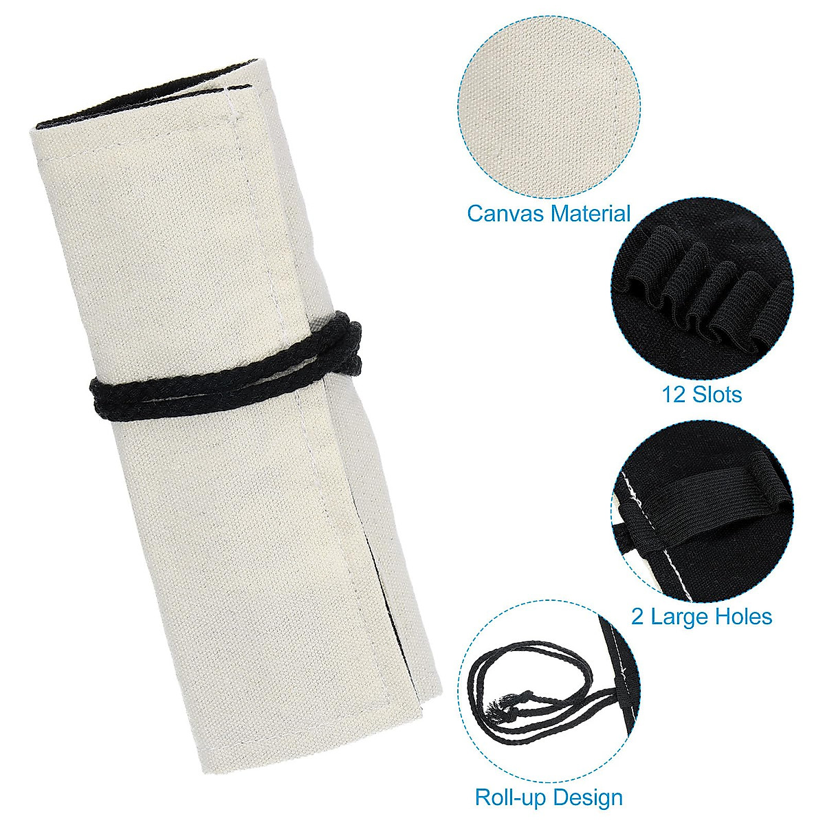 PATIKIL Handmade 12 Slots Roll Up Pencil Case, Canvas Pencil Wrap Pouch Pen Holder Organizer for Artist Drawing Coloring Sketching, White/Black