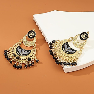 Kenjudess Vintage Turquoise Beaded Tassel Chandelier Earrings Retro Gold Ethnic Long Moon Drop Dangle Hook Earrings Exotic Indian Belly Dance Accessories for Women (Black B)