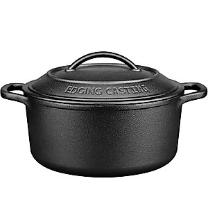EDGING CASTING Pre-Seasoned Cast Iron Dutch Oven Pot with Lid Dual Handle, Round 5 Quart, Black