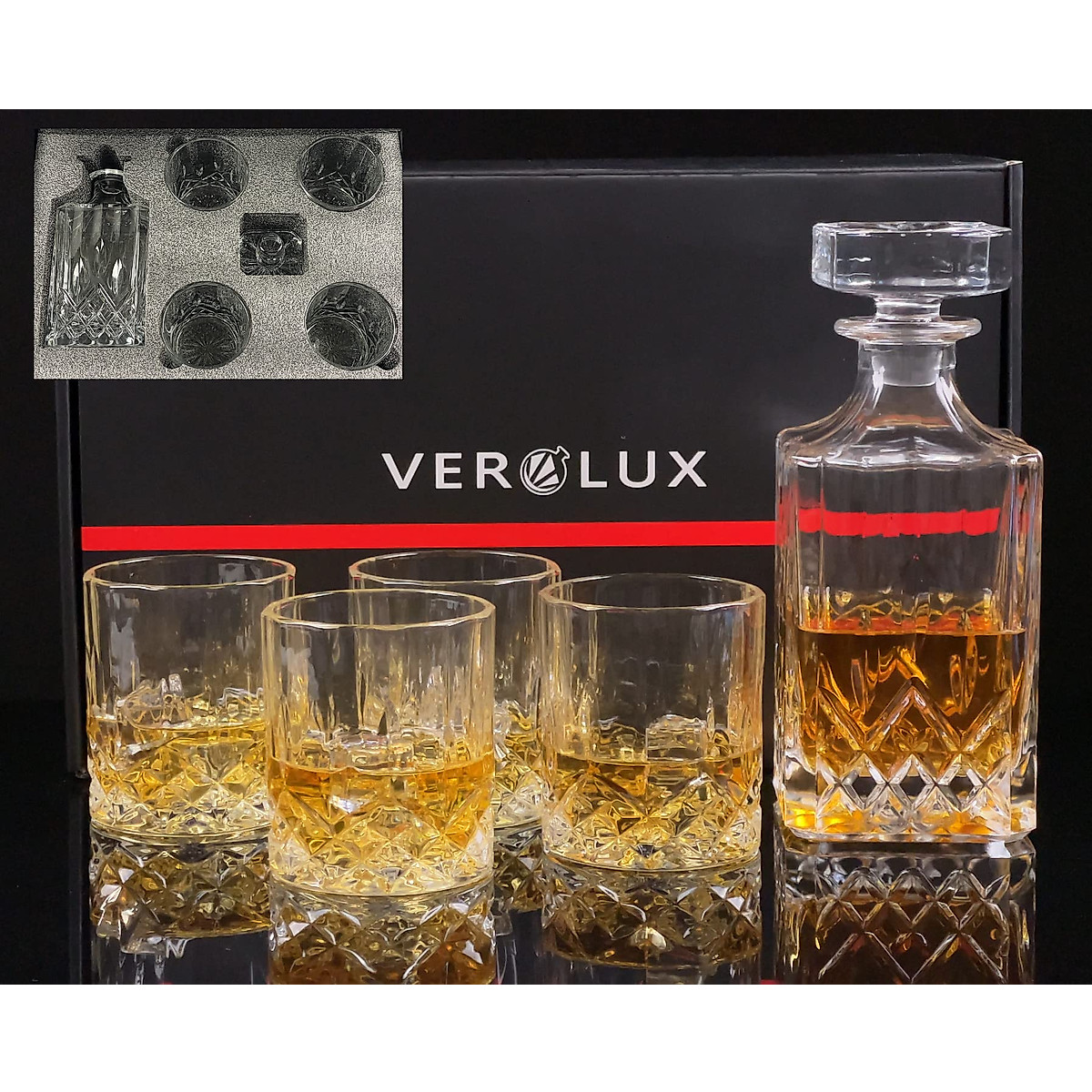 Verolux Whiskey Decanter Set with 4 Glasses in Gift Box, Unique Anniversary Housewarming Birthday Gifts for Men Dad Husband Boyfriend, for Bourbon Whiskey Liquor Scotch Gin Rum Tequila Vodka Brandy