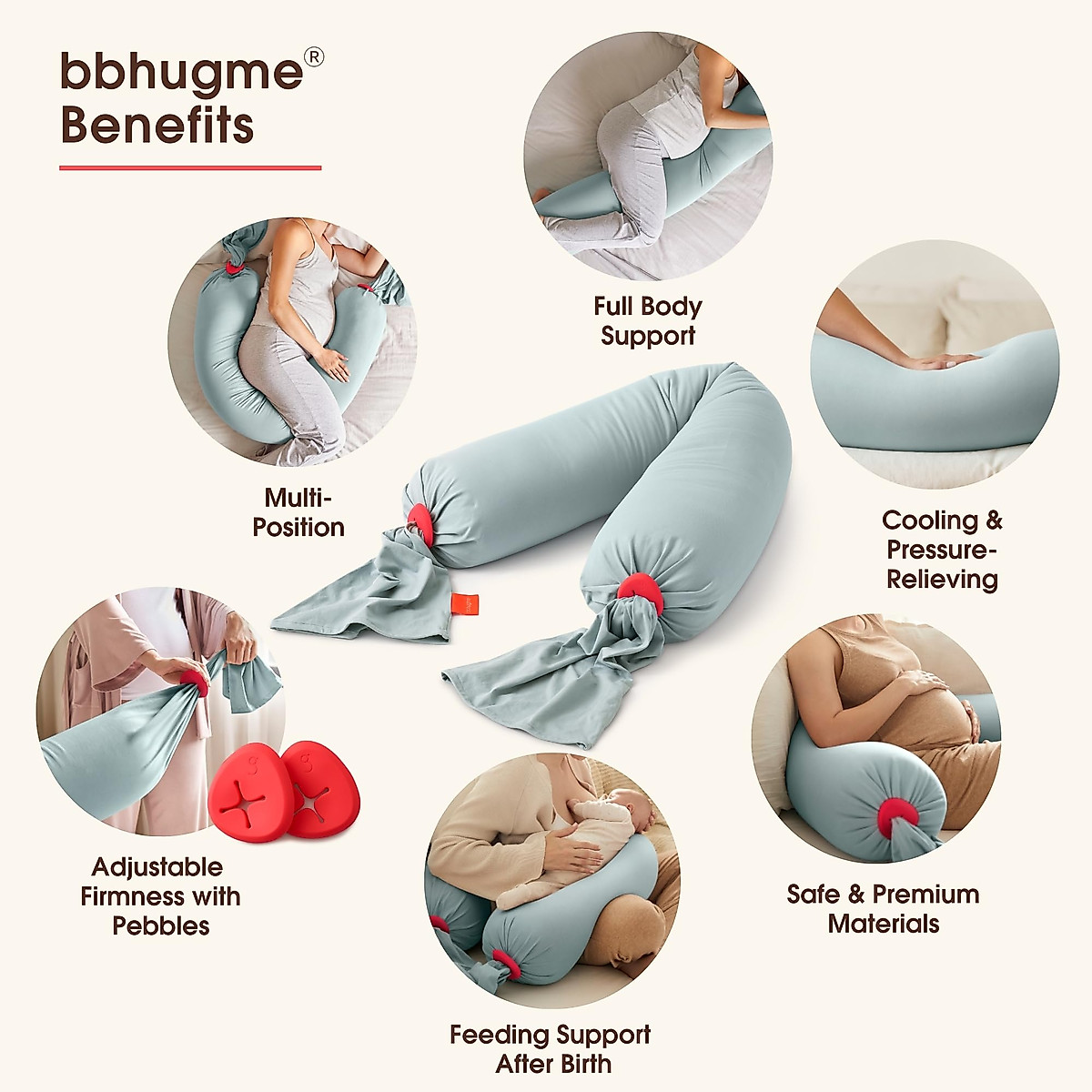 bbhugme Adjustable Pregnancy Pillow – Full Body Support for Side Sleeping - Adjustable Firmness and Shape - Supports Back, Legs, Belly, HIPS for Pregnant Women - Removable Cover - Eucalyptus