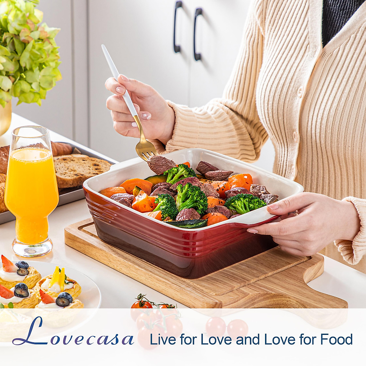 LOVECASA 8x8 inch Baking Pan, 2 Quart Square Cake Pan Baking Dish for Oven, Stoneware Brownie Pan Non-Stick, Casserole Baking Pan with Handle,Ceramic Bread Pans for Baking, Red