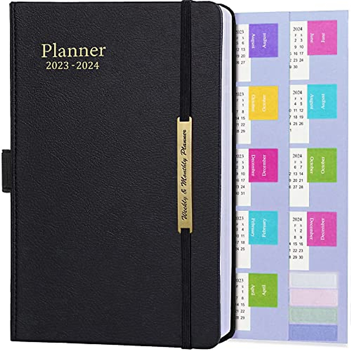 HONFERSM Planner 2023-2024 Academic Year 18 Months Daily Weekly and Monthly Planners Agenda Calendar Notebook with 18 Monthly Tabs,Elastic Closure and Back Pocket,Hardcover,A5 Size - Black