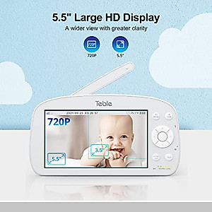 Baby Monitor 5.5" 720p HD Video Baby Monitor, 5000mAh Battery 26-Hour Audio Monitoring, Night Vision, Remote Pan Tilt, 2 Way Talk, VOX, Temperature, Feeding Reminder, 4X Zoom, 1000ft Range, Lullabies