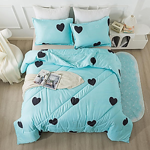 Caressma Heart Pattern Girls Comforter Set Twin Size, Light Blue Cute Love Print Comforter Bedding Set, Soft Microfiber Comforter Set with Pillowsham