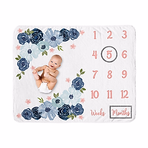 Sweet Jojo Designs Watercolor Floral Girl Milestone Blanket Monthly Newborn First Year Growth Mat Baby Shower Memory Keepsake Gift Picture - Navy Blue and Blush Pink Boho Shabby Chic Rose Flower