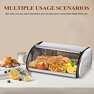 ENLOY Bread Box for Kitchen Counter, Stainless Steel Roll Top Bread Bin, Sliver Bread Storage Holder with Lid, Large Capacity Bread Keeper, 17 x 11 x 7 Inches