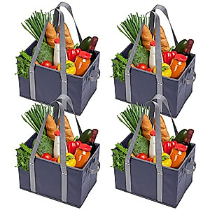 BAG-THAT! 4pk Reusable Grocery Bags Shopping Bags Tote Box Large Heavy Duty Groceries Bag Handles Foldable Reinforced Bottom (Navy Blue/Gray)