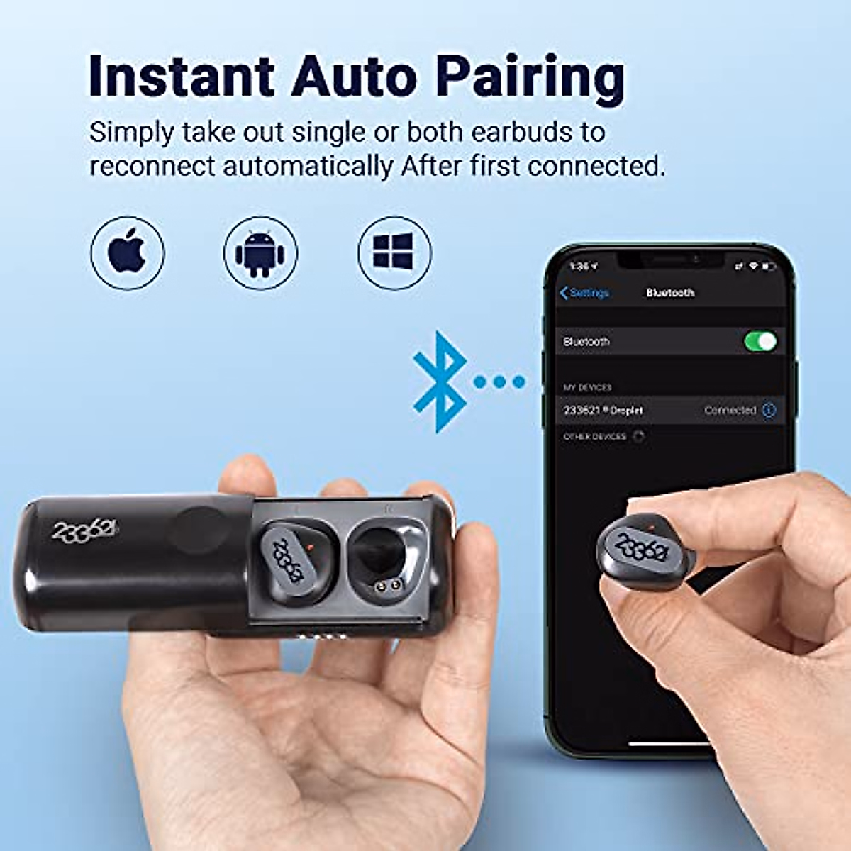 233621 Droplet True Wireless Earbuds, CVC 6.0 Call Noise Cancelling Headphones, IPX5 Waterproof Bluetooth 5.0 Earphones Touch Control, Stereo Sound, Comfortable fit for Home, Office, Gym (Black)