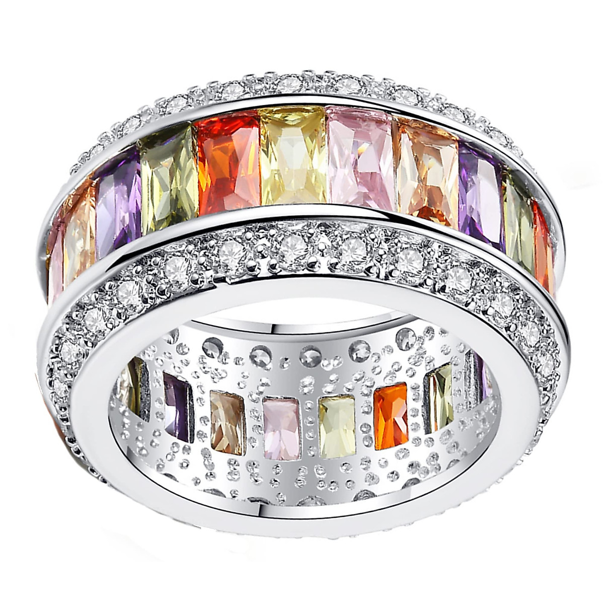VPKJewelry 18K Gold Plated Rainbow Ring Wedding Band for Women Ladies Emerald Cut Multi Color Created-Gemstone Eternity Ring (Multicolor, 9)