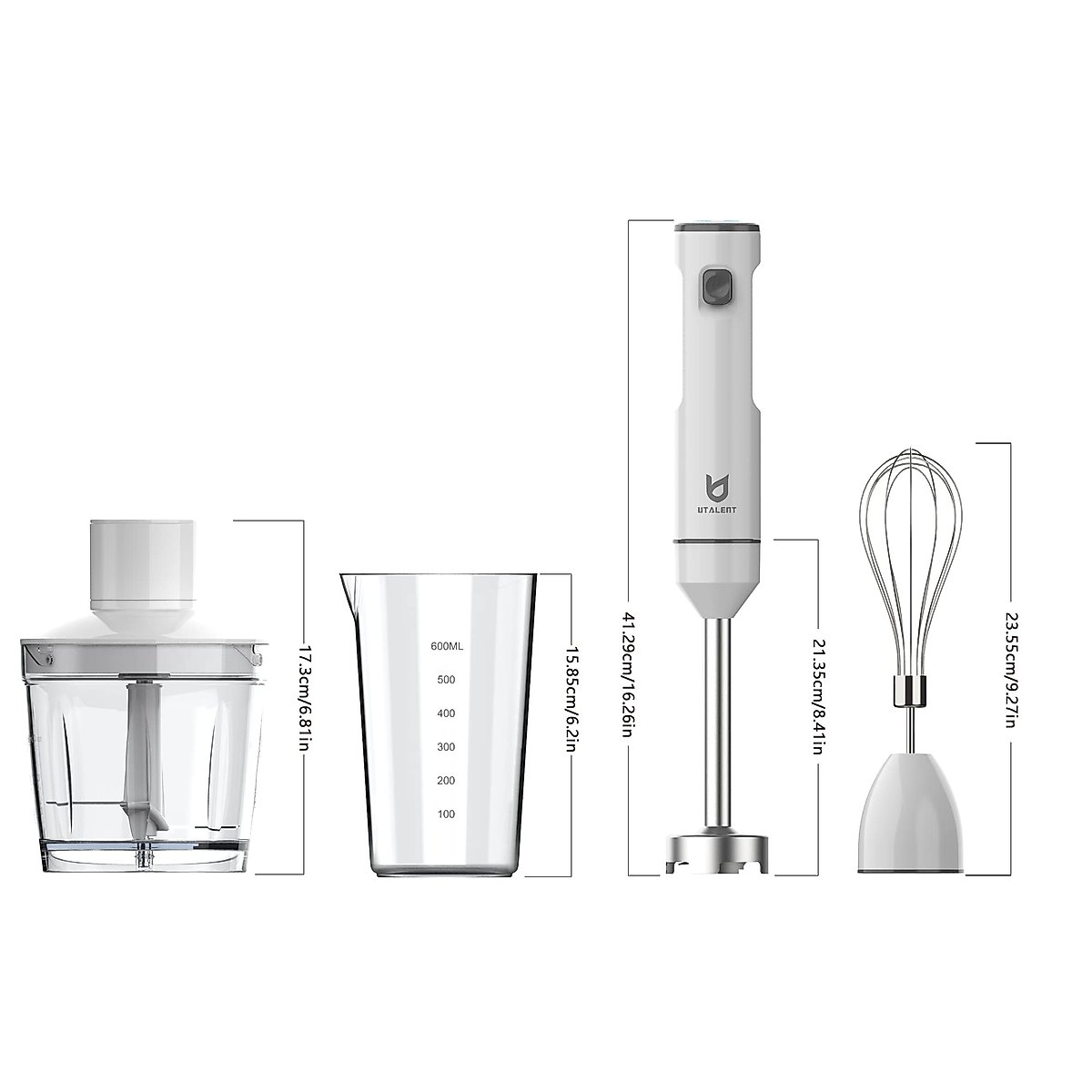 Cordless Hand Blender, UTALENT Variable Speed Immersion Blender Rechargeable, with 500ml Chopper, 600ml container, Egg Whisk, for Smoothies, Baby Food and Soups – White