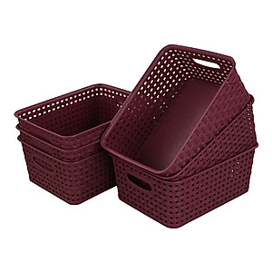 Sandmovie Plastic Weave Storage Baskets for Kitchen Bathroom, Wine Red, 6 Packs, F