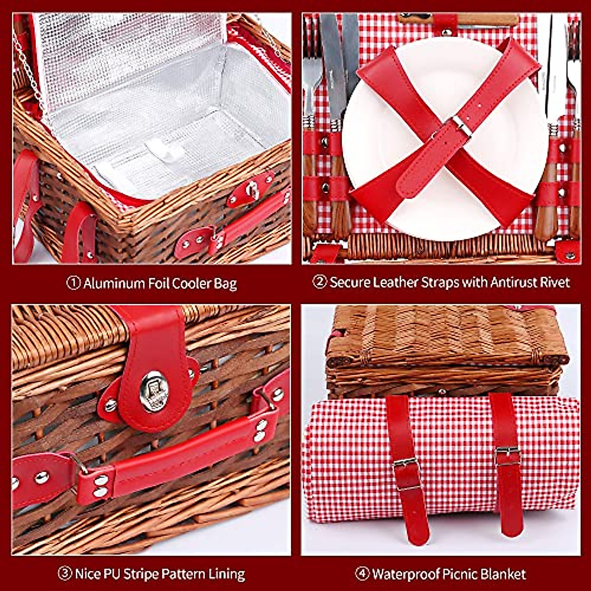 Wicker Picnic Basket Set for 4 Persons with Large Insulated Cooler Bag and Waterproof Picnic Blanket, Willow Picnic Hamper for Family, Outdoor, Camping, Party(Red)